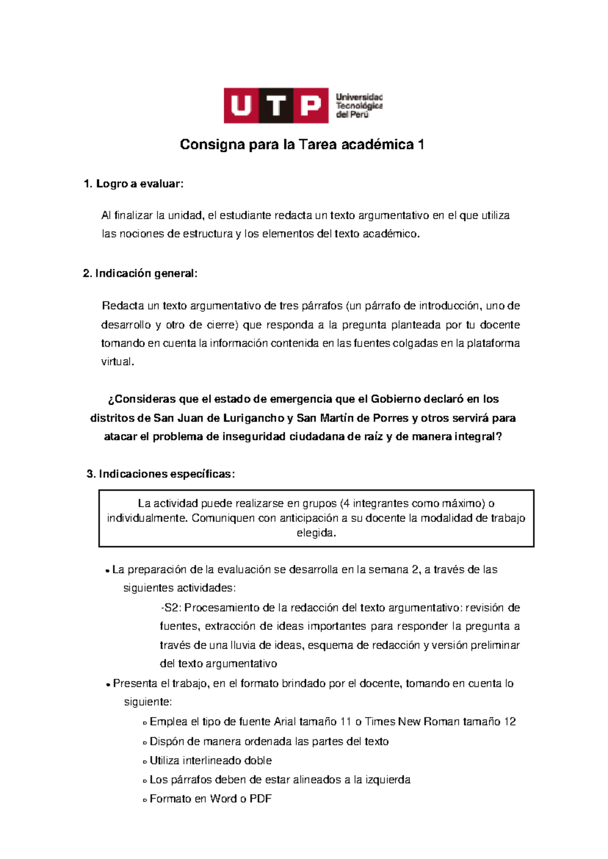 EA AL01 TA1Cons - PREPARACION DE TEXTOS ARGUMENTATIVOS - Consigna para la Tarea académica 1 1 ...