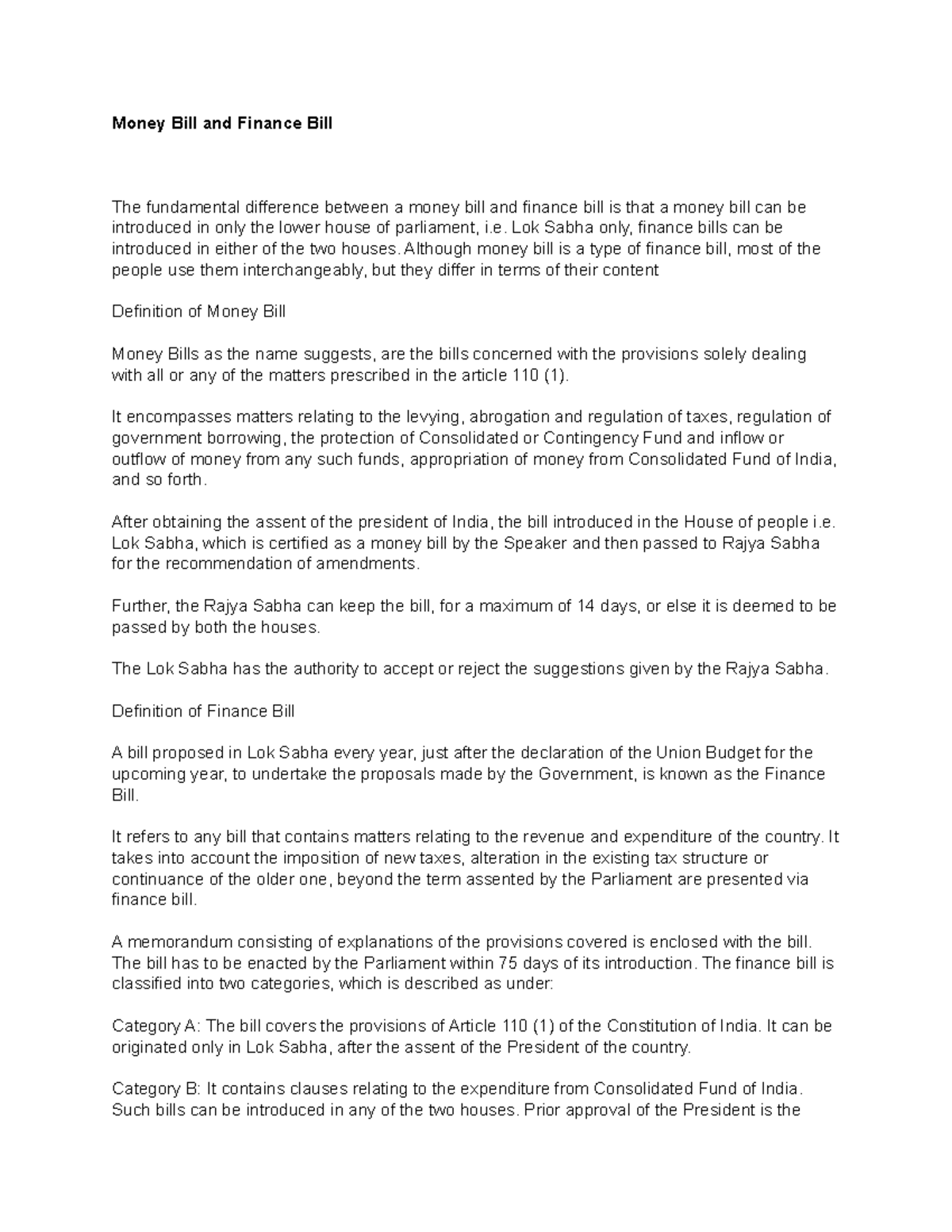 Money Bill and Finance Bill - Lok Sabha only, finance bills can bece ...