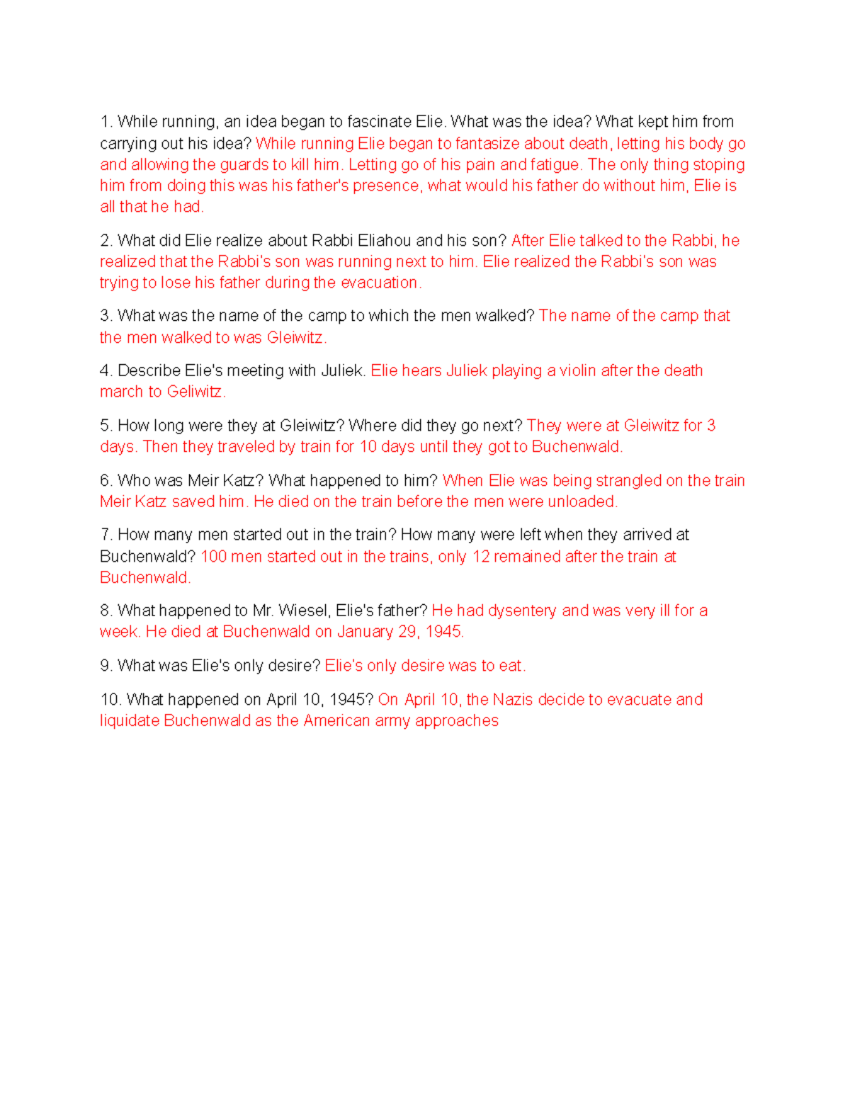 Study Questions Night sections 6, 7, 8, and 9 - While running, an idea ...