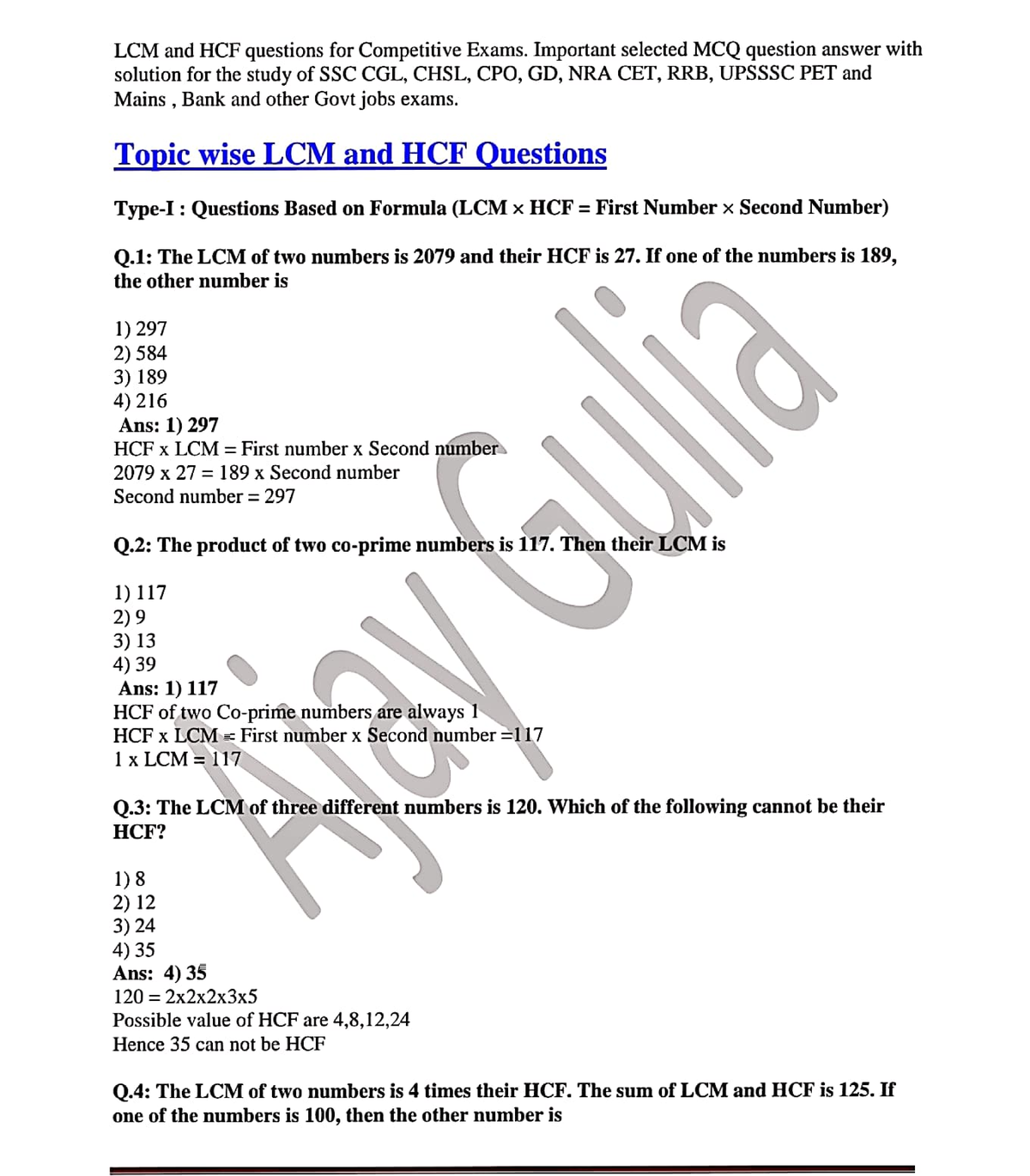 LCM HCF MCQ-maths in English - Mathematics - Studocu