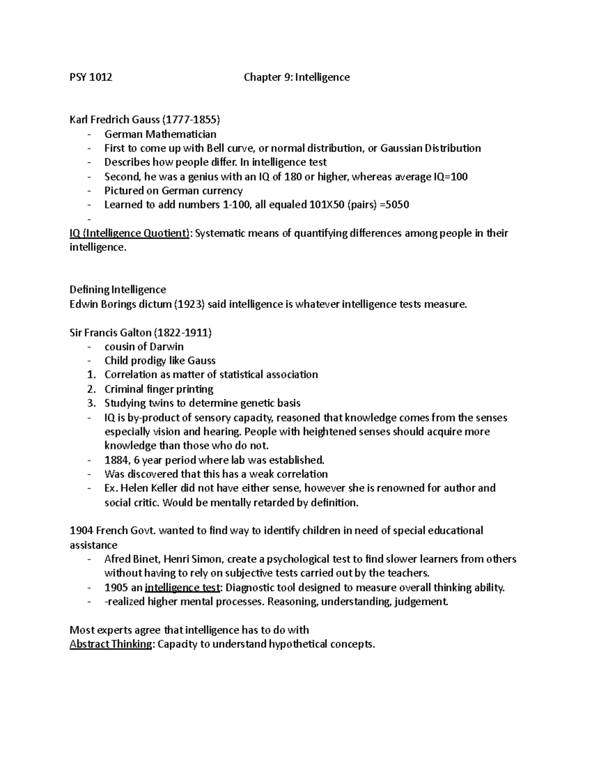 PSY Chapter 9; Intelligence - PSY 1012 Chapter 9: Intelligence Karl ...