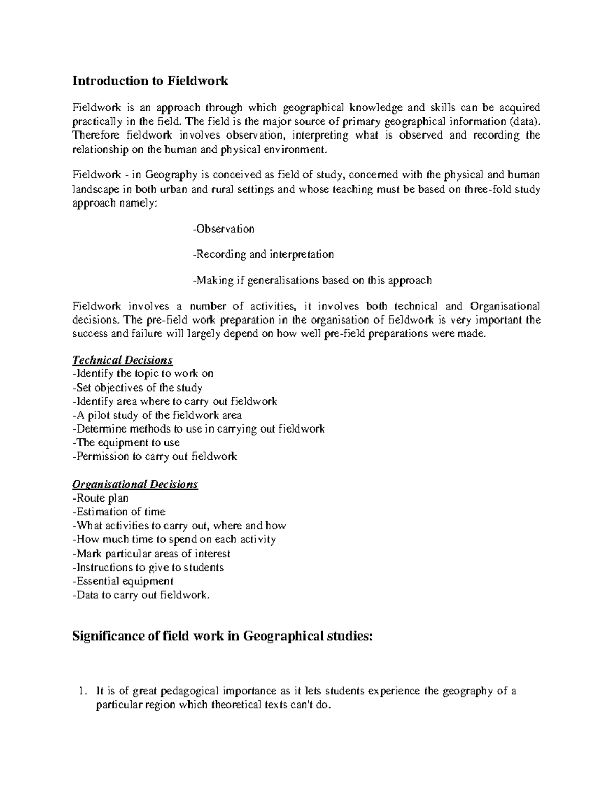 100000382 - Introduction to Fieldwork Fieldwork is an approach through ...