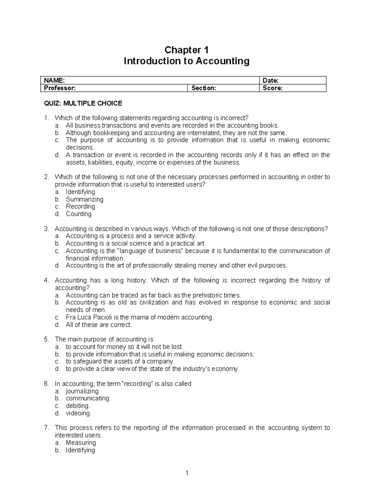 Quizzes Chapter 1 Introduction TO Accounting - 1 Chapter 1 Introduction ...