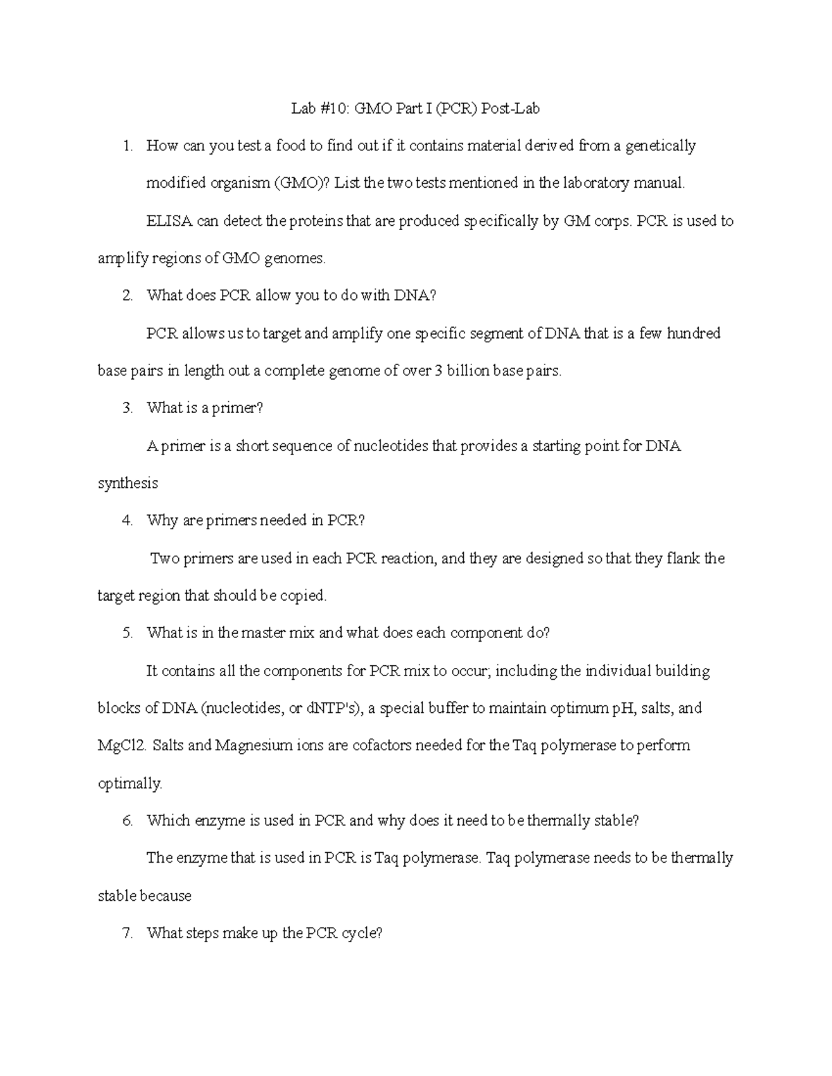 Lab 10 GMO Part I (PCR) Post-Lab - Lab #10: GMO Part I (PCR) Post-Lab ...