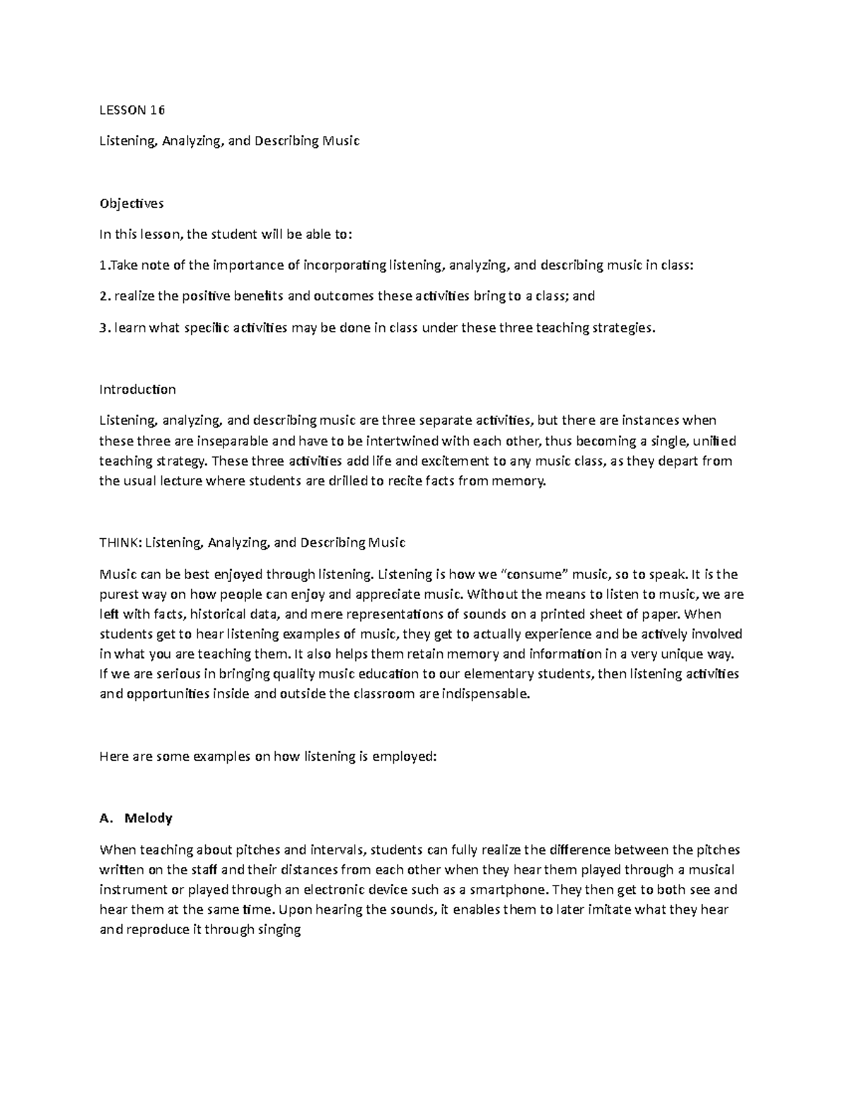 Lesson 16 Listening, Analyzing, and Describing Music - LESSON 16 ...