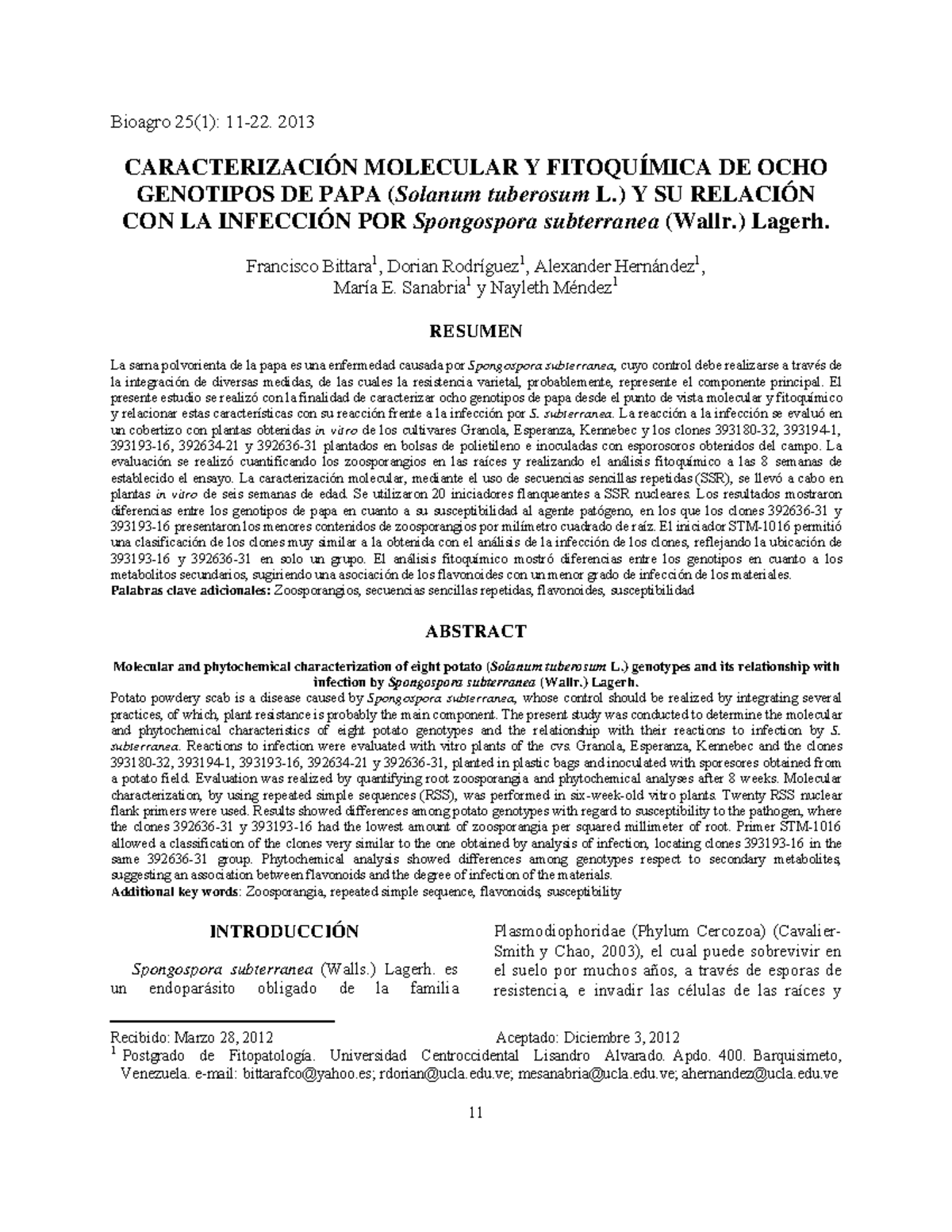 Modelo Paper 1 Lab PQ - Bioagro 25(1): 11-22. 2013 CARACTERIZACIÓN ...