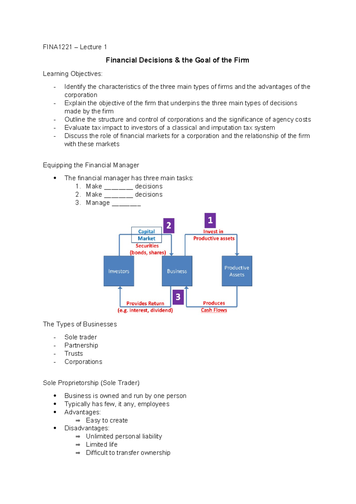 FINA1221 - Lecture 1 - FINA1221 – Lecture 1 Financial Decisions & the Goal of the Firm Learning ...