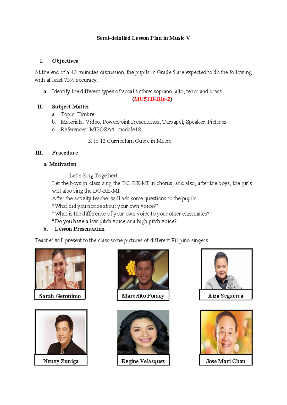 LP In Mu SIC 5 - Simple LP - Semi-detailed Lesson Plan in Music V I ...