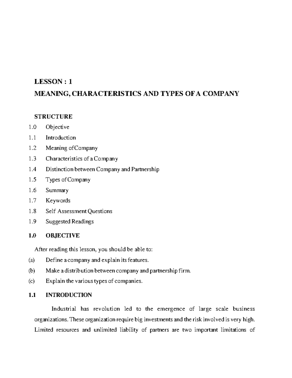 Introduction to Company - LESSON : 1 MEANING, CHARACTERISTICS AND TYPES ...