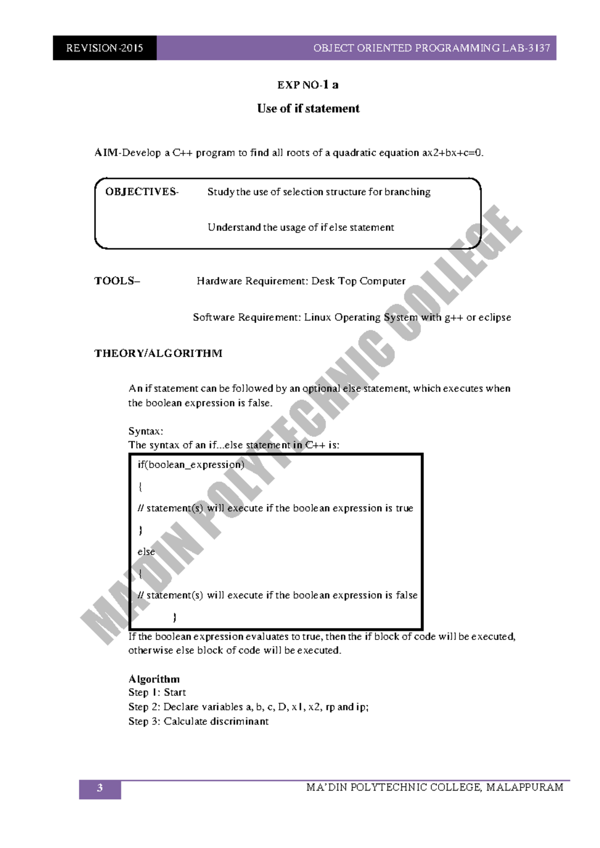 If Statement In C Revision 2015 Object Oriented Programming Lab 3 Ma‟din Polytechnic