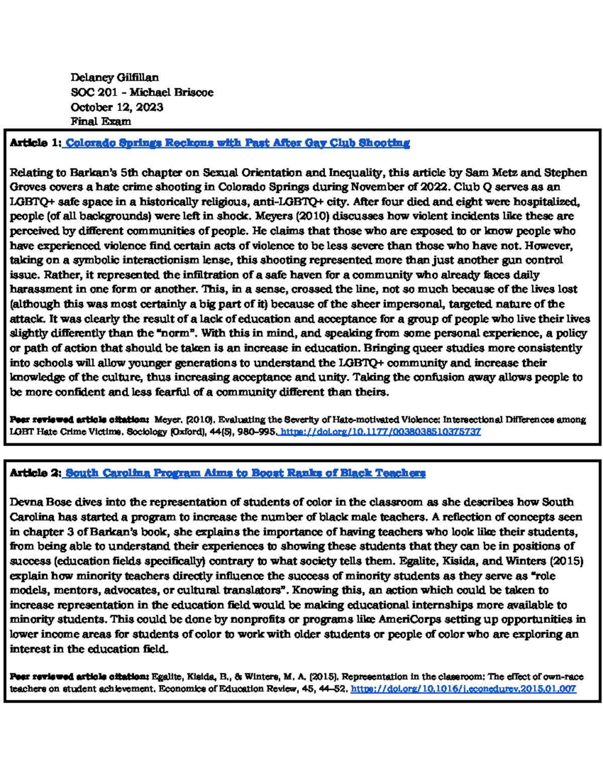 Article Analyses (SOC 201) - Delaney Gilfillan SOC 201 - Michael Briscoe October 12, 2023 Final ...