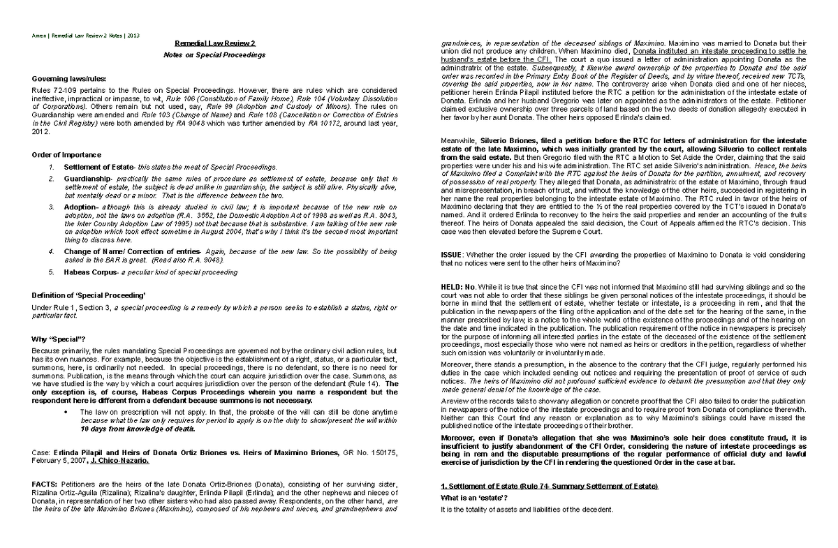 Rem2 Notes Spec Pro - ctto - Remedial Law Review 2 Notes on Special ...