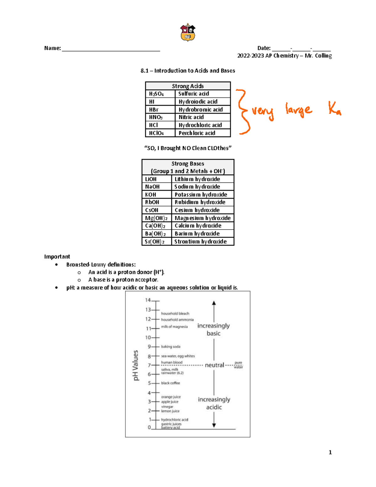 8.1 - Introduction to Acids and Bases Notes - Name ...