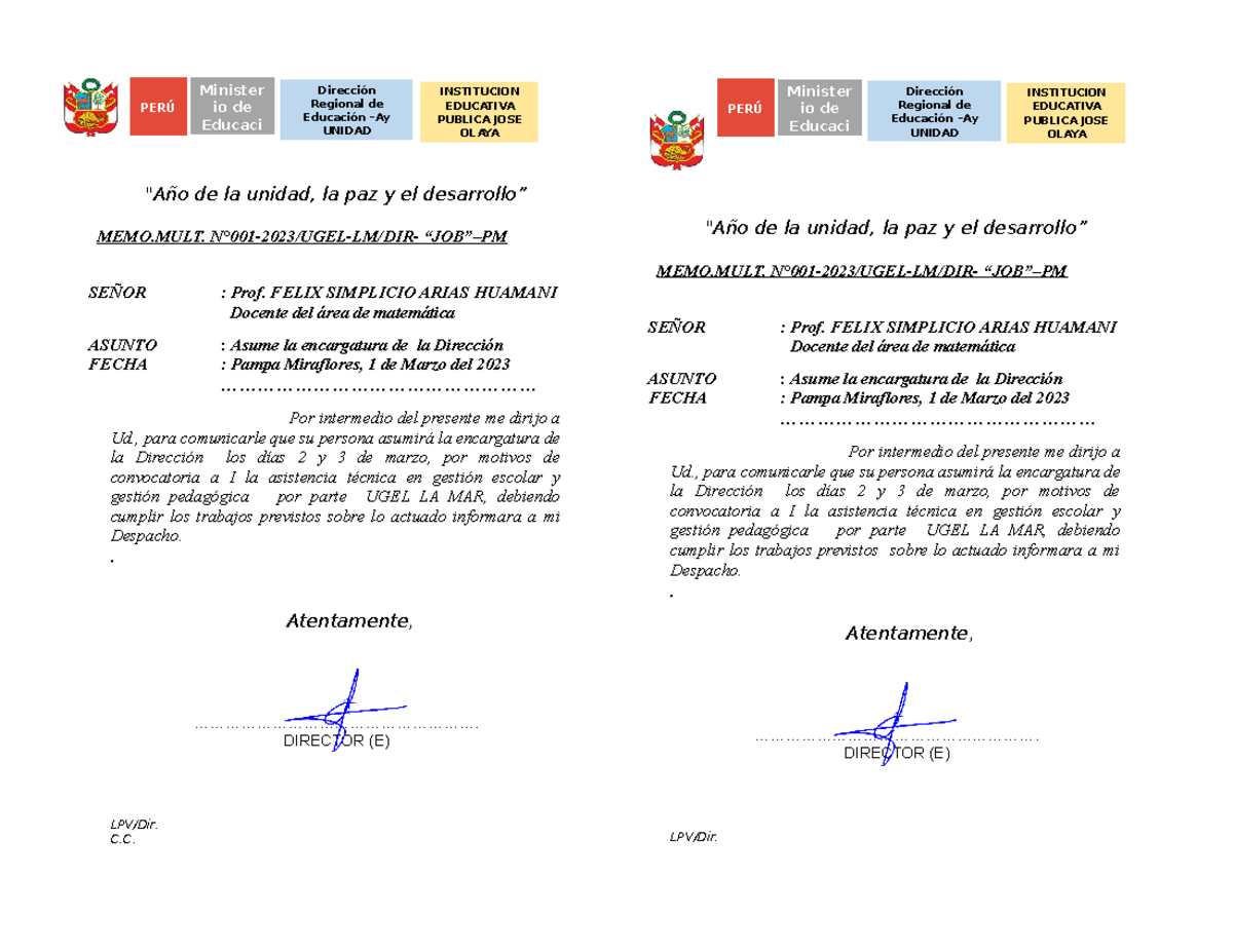 Memorandum Encargatura - "Año de la unidad, la paz y el desarrollo ...