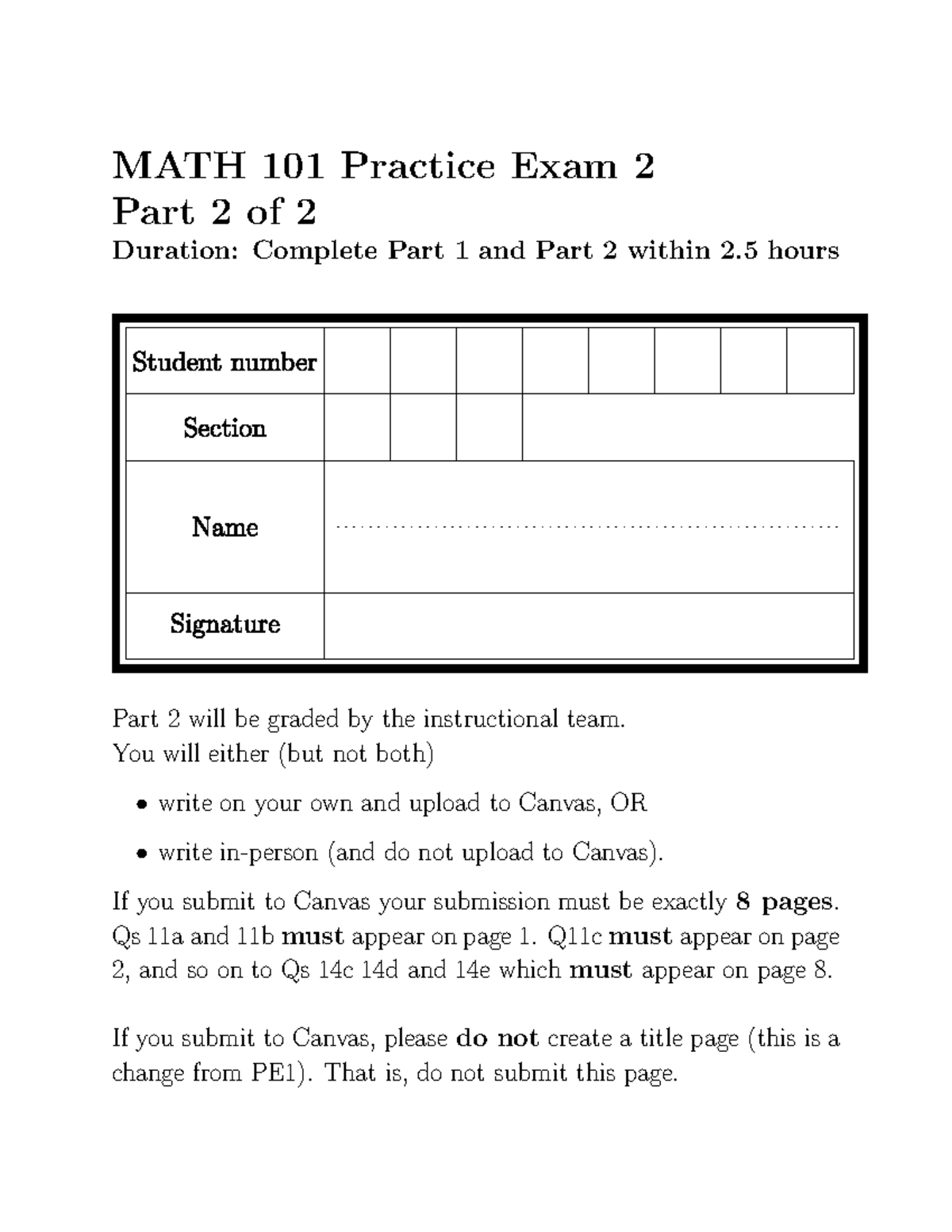 PE2 Part2 Solution - exam - MATH 101 Practice Exam 2 Part 2 of 2 ...