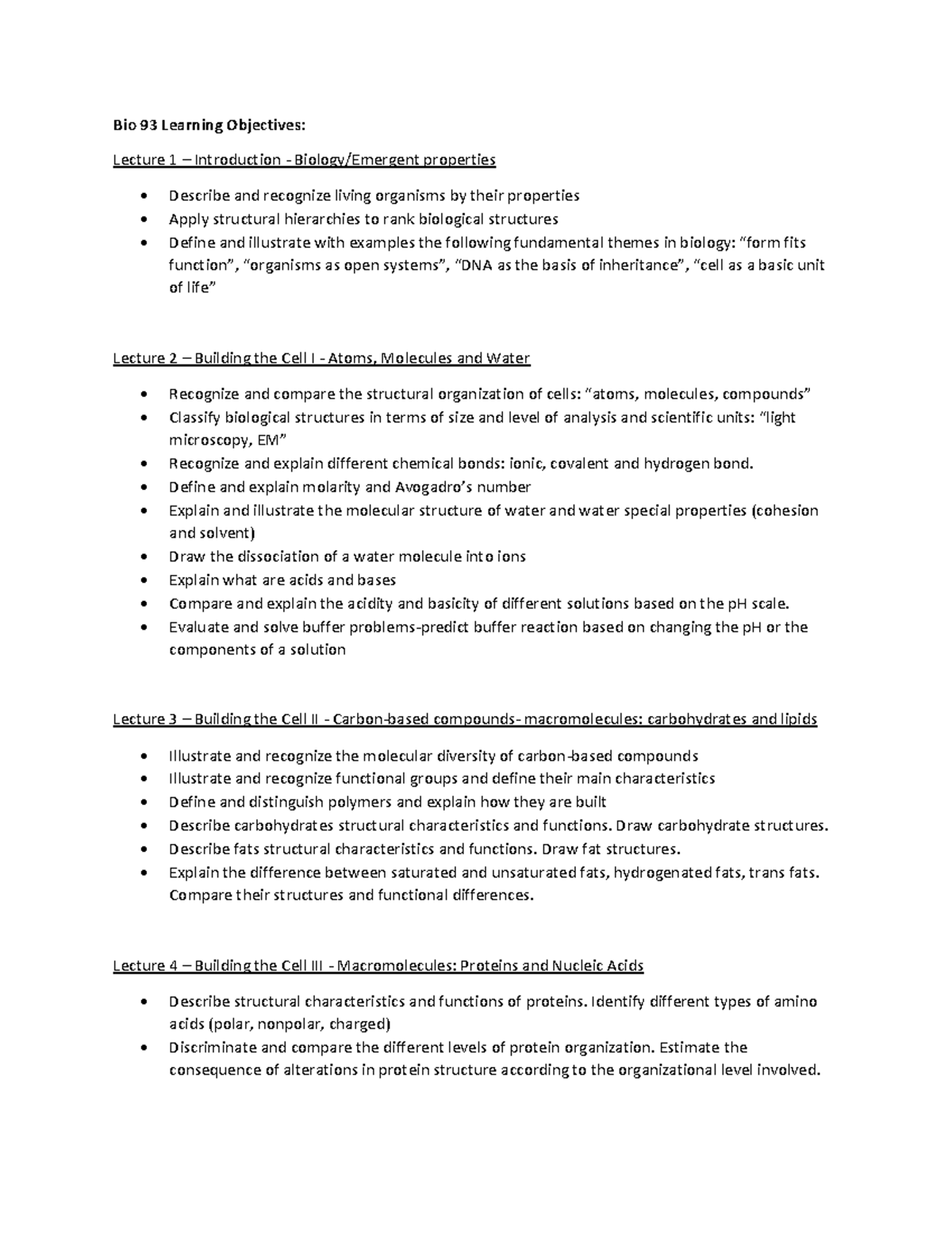 Bio 93 Learning Objectives - Bio 93 Learning Objectives: Lecture 1 – Introduction - Biology ...