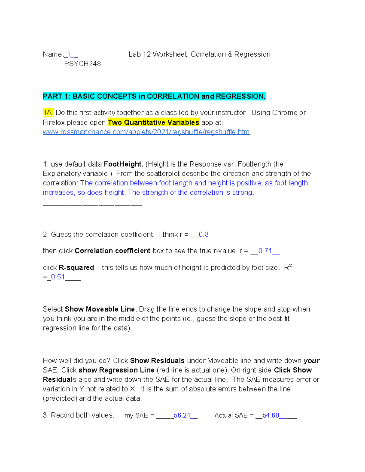 Lab 12 2 2 Lab 12 Name Lab 12 Worksheet Correlation And Regression Psych Part 1 Basic