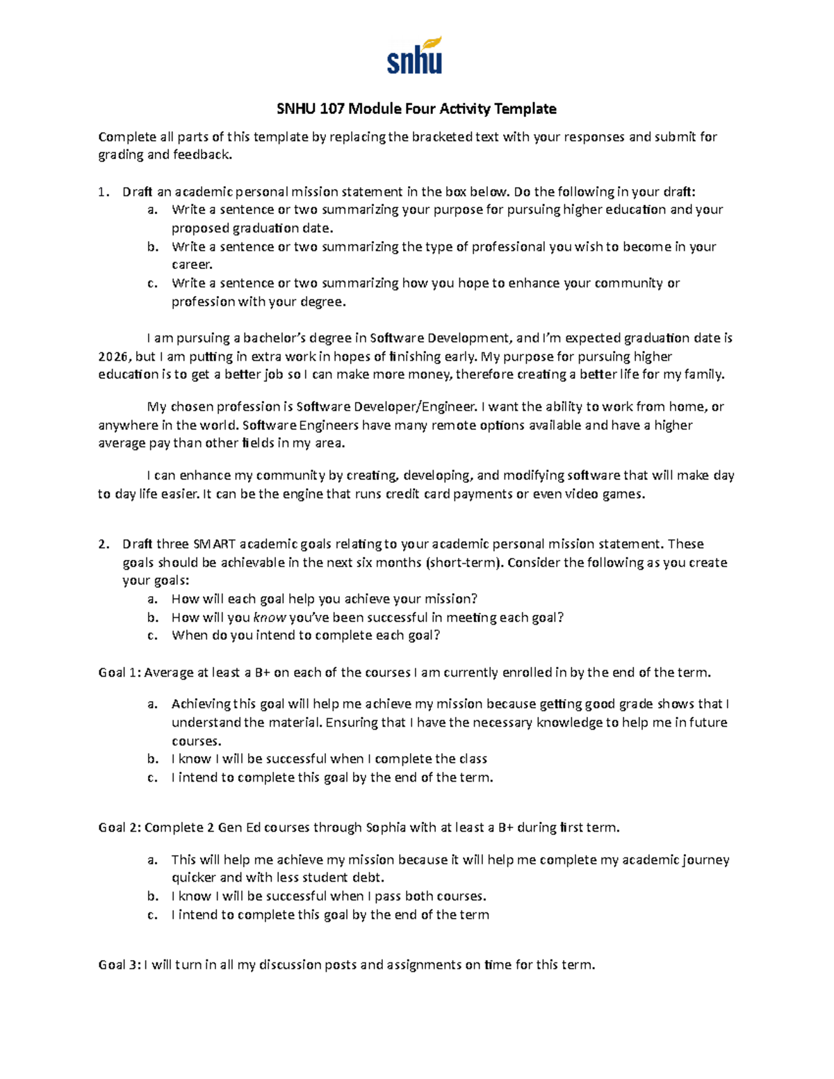 4-2 Activity Drafting Personal Mission Statement and Goals - SNHU 107 ...