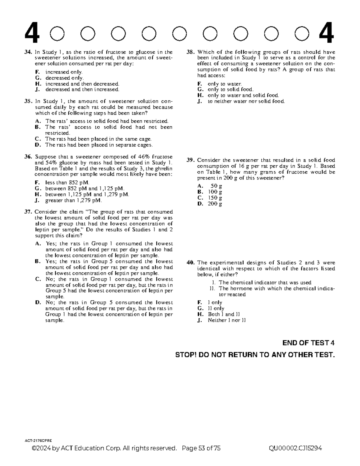 ACT score guide - ACT-2176CPRE 4 4 In Study 1, as the ratio of fructose ...