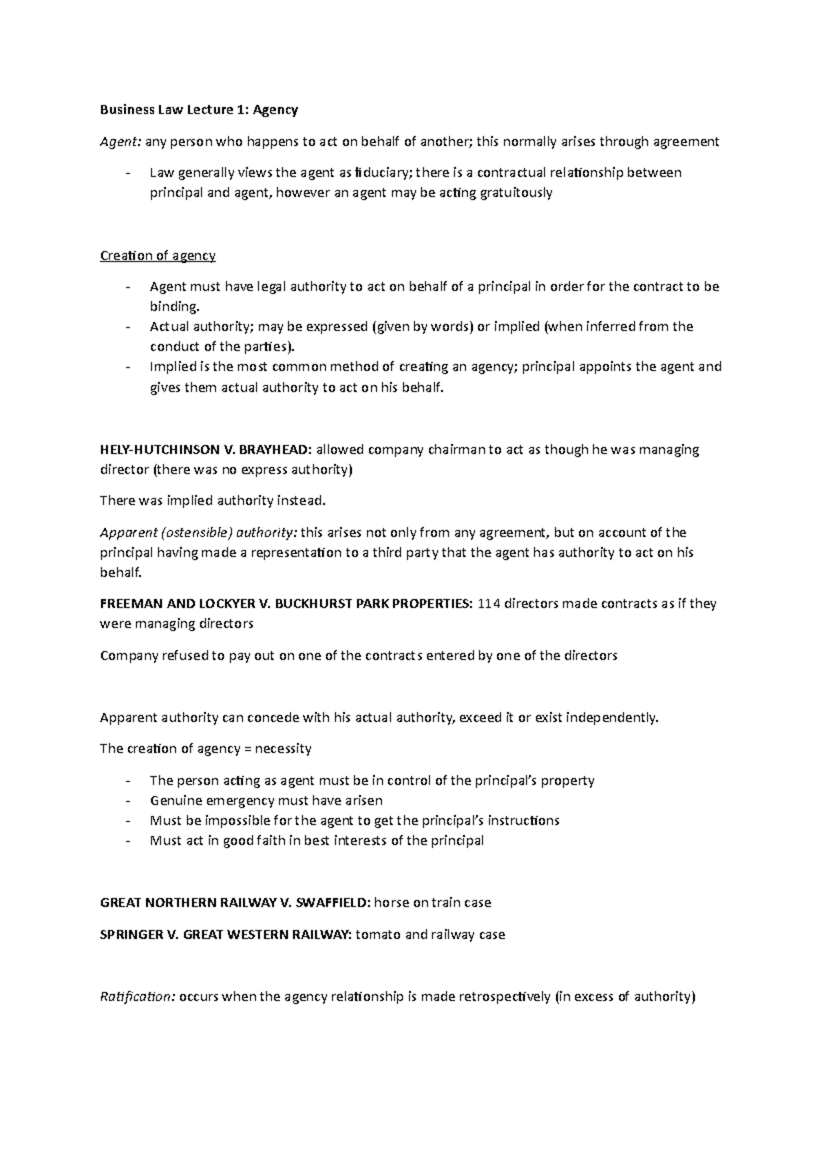 Business Law Lecture 1; agency - Business Law Lecture 1: Agency Agent ...