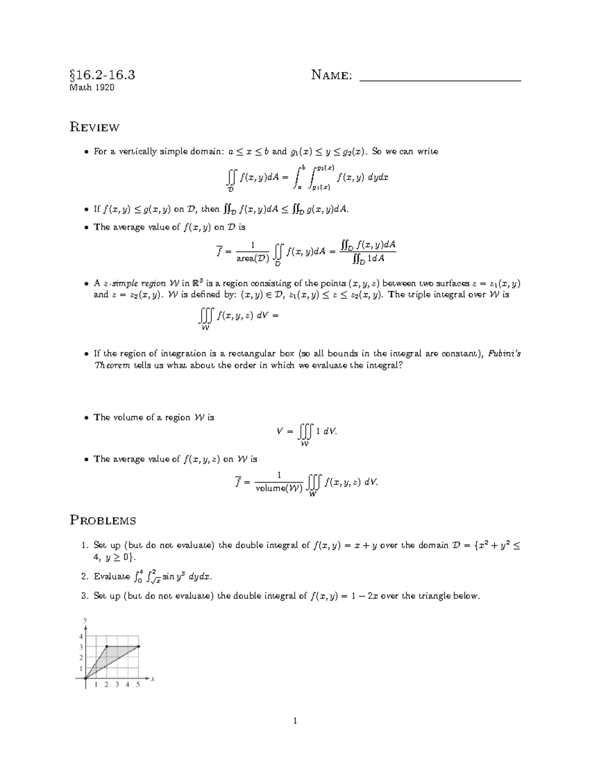 Worksheet 16 - Error - §16.2-16 Name: Math 1920 Review For a vertically ...