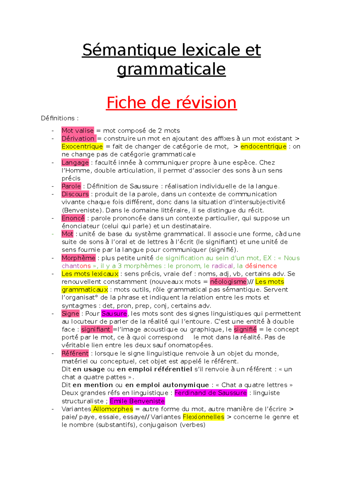 Fiche sémantique lexicale et grammaticale - Sémantique lexicale et grammaticale Fiche de ...