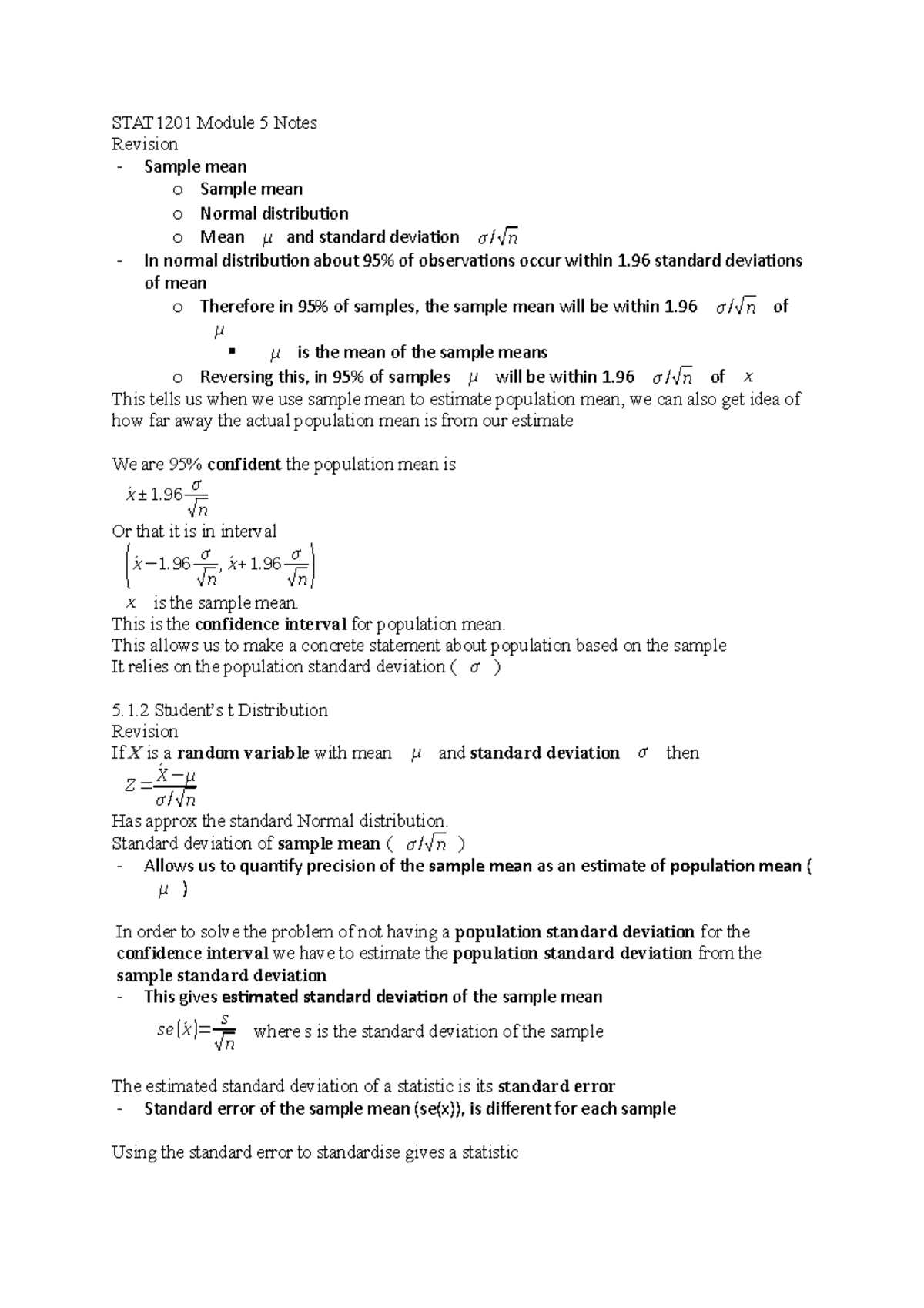 STAT1201 Module 5 Notes - STAT1201 Module 5 Notes Revision - Sample ...