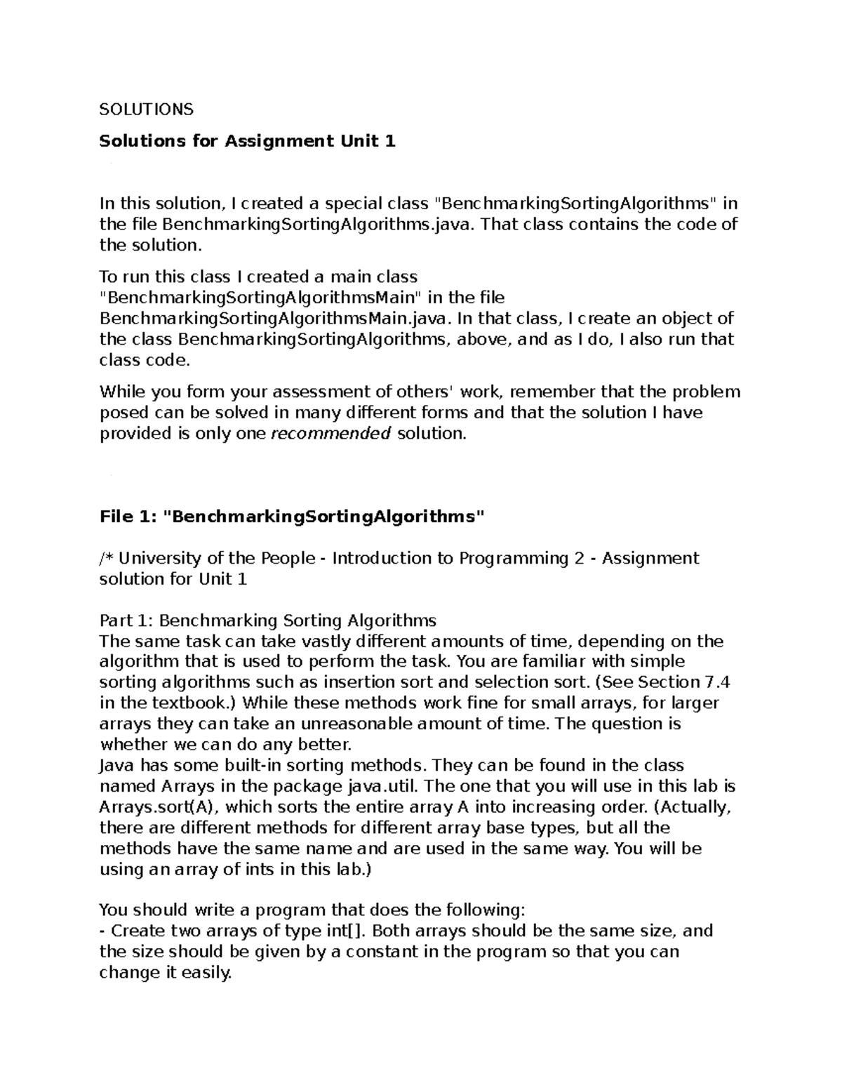 Solutions - SOLUTIONS Solutions for Assignment Unit 1 In this solution ...