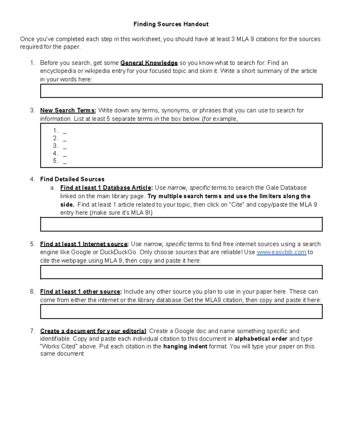 Finding Sources Handout - Before you search, get some General Knowledge ...