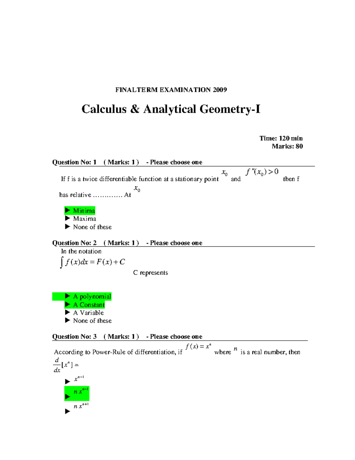 7- MTH101 Final Term Solved-Shared by Heart-Hacker - FINALTERM EXAMINATION 2009 Calculus & - Studocu
