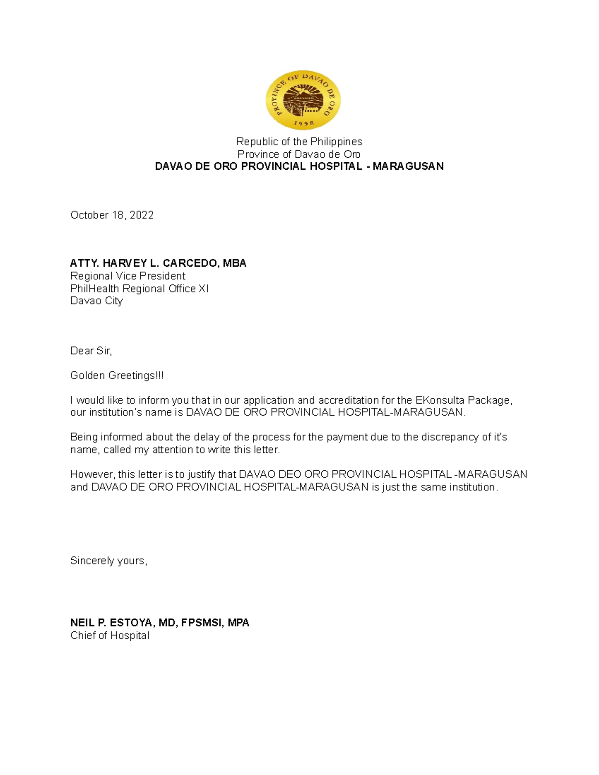 Letter - Republic of the Philippines Province of Davao de Oro DAVAO DE ...