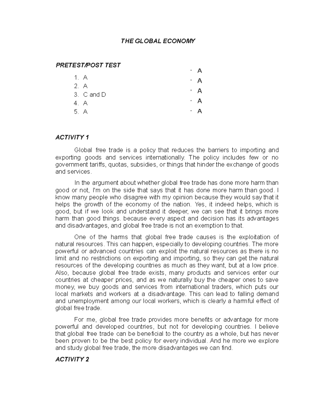 THE Global Economy - WORKSHEET - THE GLOBAL ECONOMY PRETEST/POST TEST 1 ...