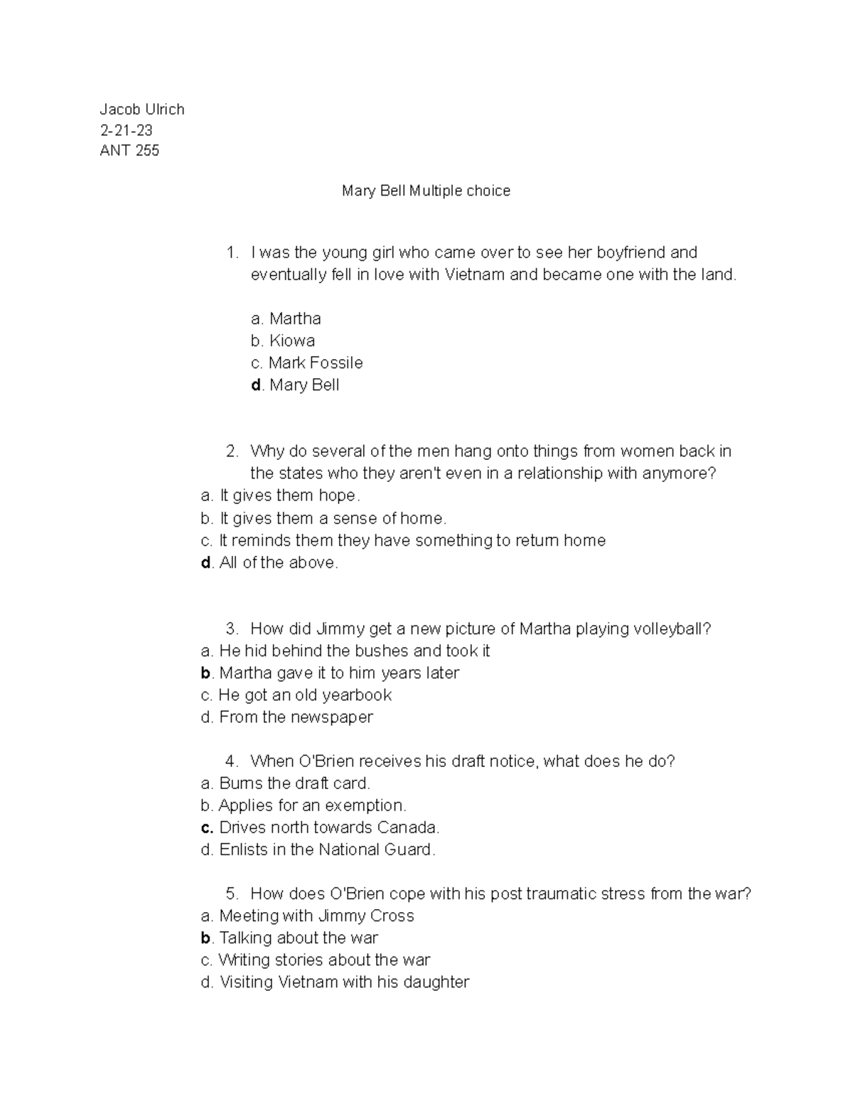 Mary Bell questions - notes - Jacob Ulrich 2-21- ANT 255 Mary Bell ...