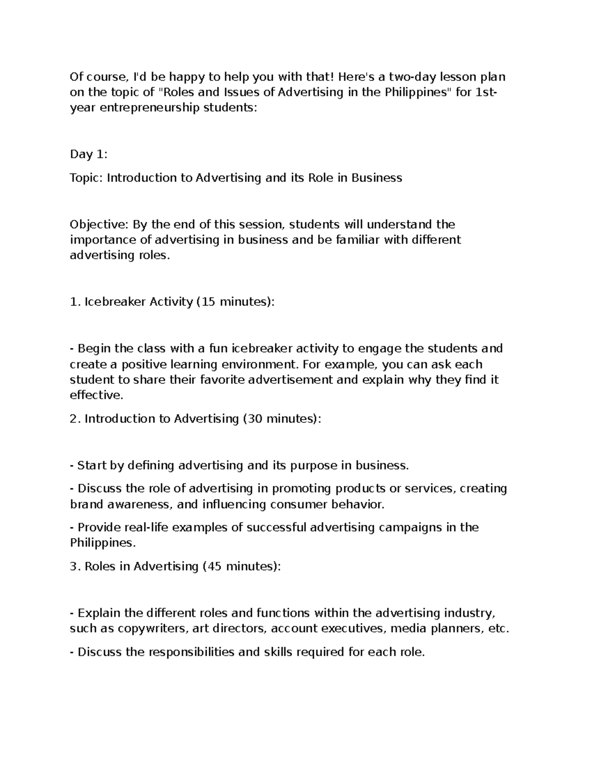Lesson plan in advertising - Of course, I'd be happy to help you with ...
