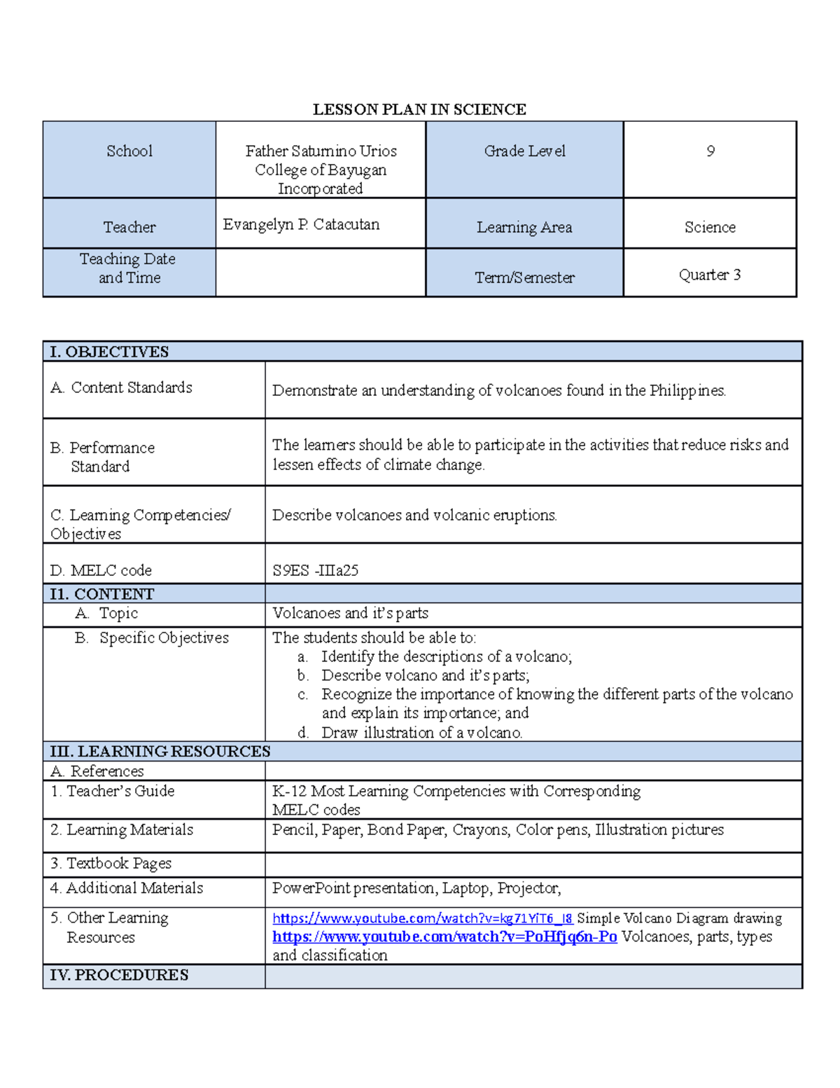 Lesson PLAN IN Science - LESSON PLAN IN SCIENCE School Father Saturnino ...