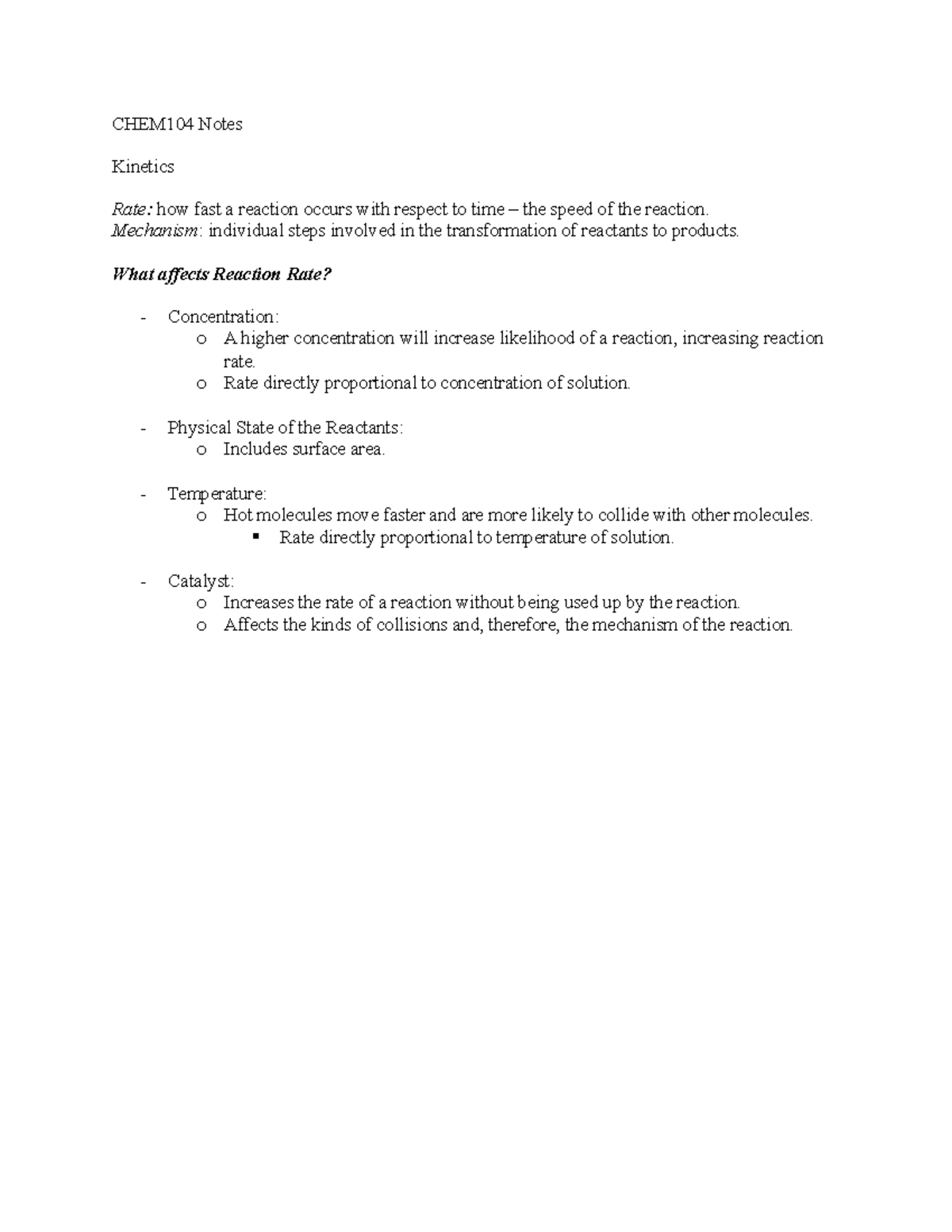 Kinetics - CHEM104 Notes - CHEM104 Notes Kinetics Rate: how fast a ...