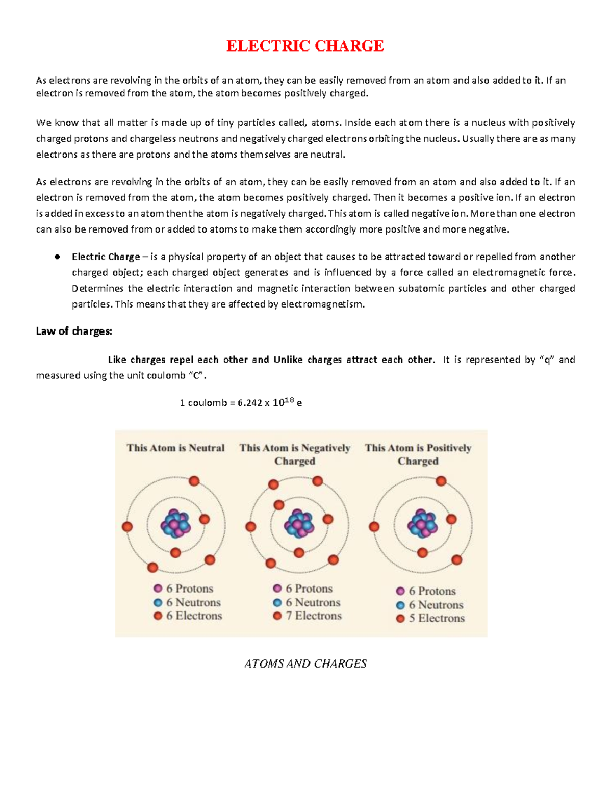 Electric Charge Lecture and reviews - ELECTRIC CHARGE As electrons are ...