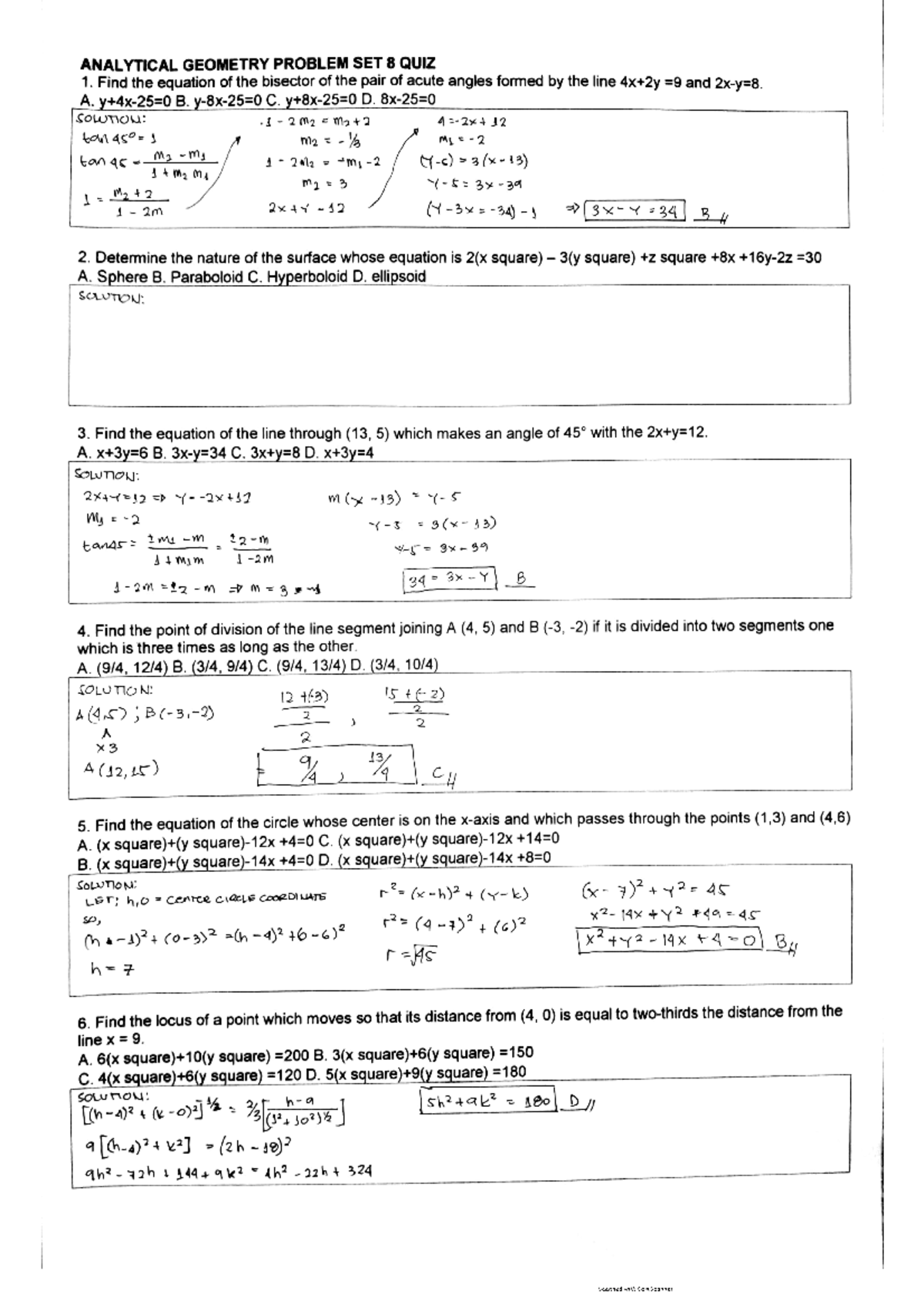 Analytic Geometry Problem Set 8 Quiz - Bachelor of Electronics and Communication Engineering ...
