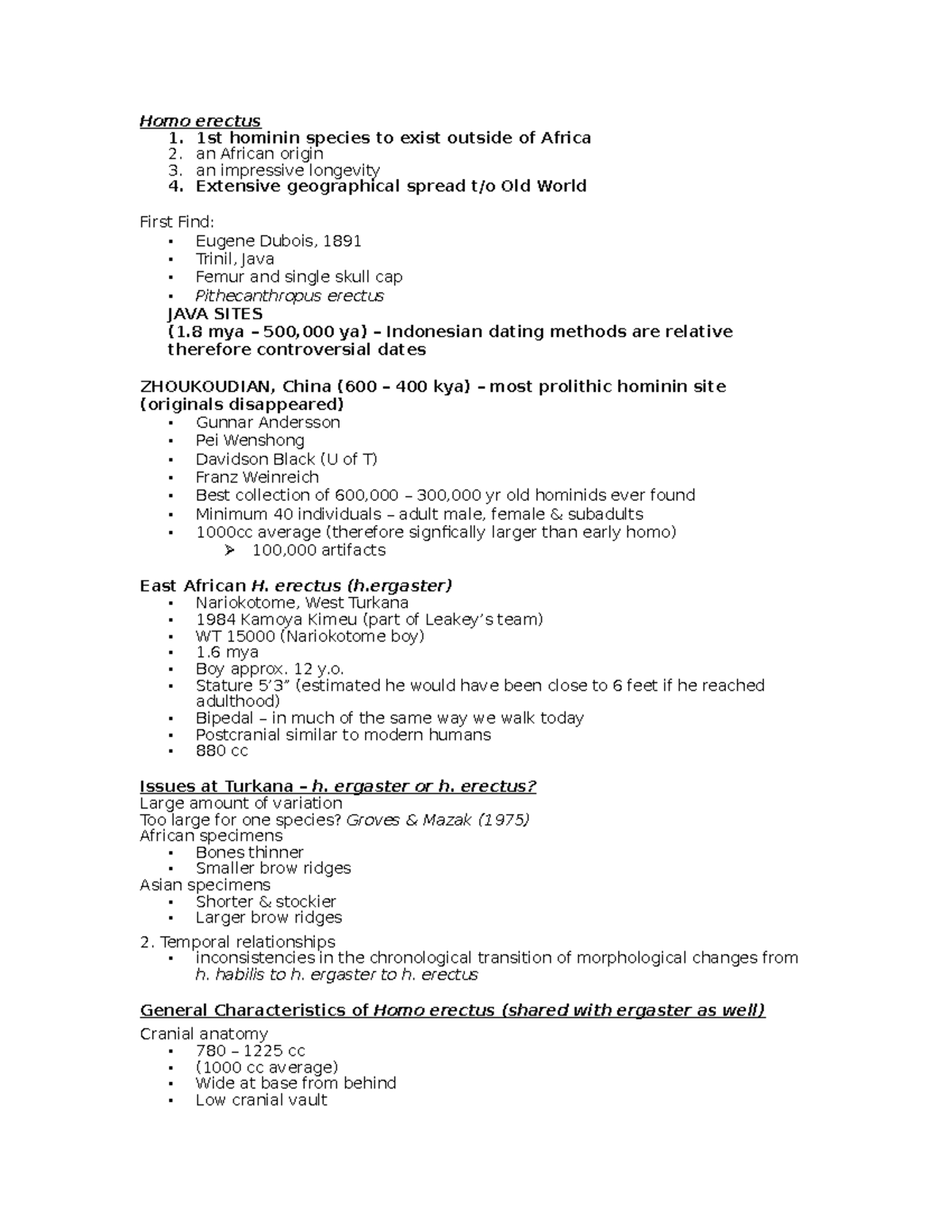 Lecture 12 and 13 Slides ANT - Homo erectus 1. 1st hominin species to ...