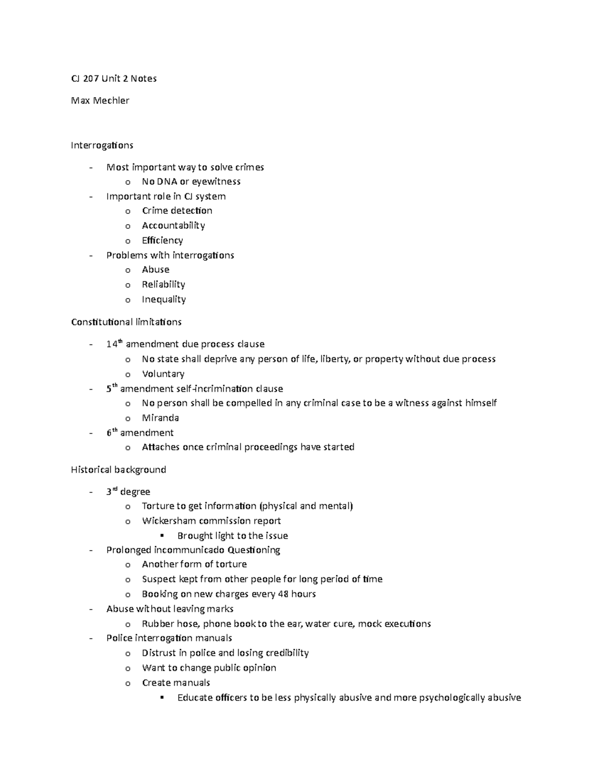 CJ 207 Unit 2 Notes - CJ 207 Unit 2 Notes Max Mechler Interrogations ...