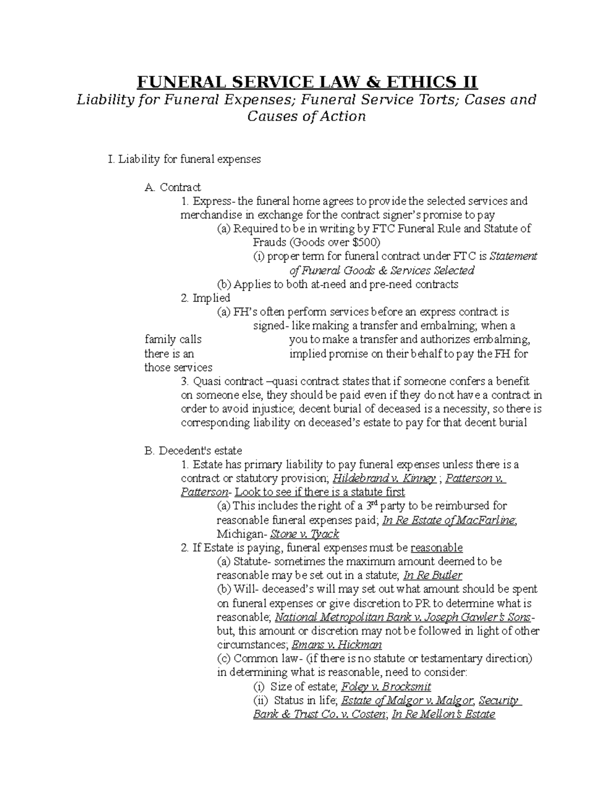 Lecture 2 - notes - FUNERAL SERVICE LAW ETHICS II Liability for Funeral ...