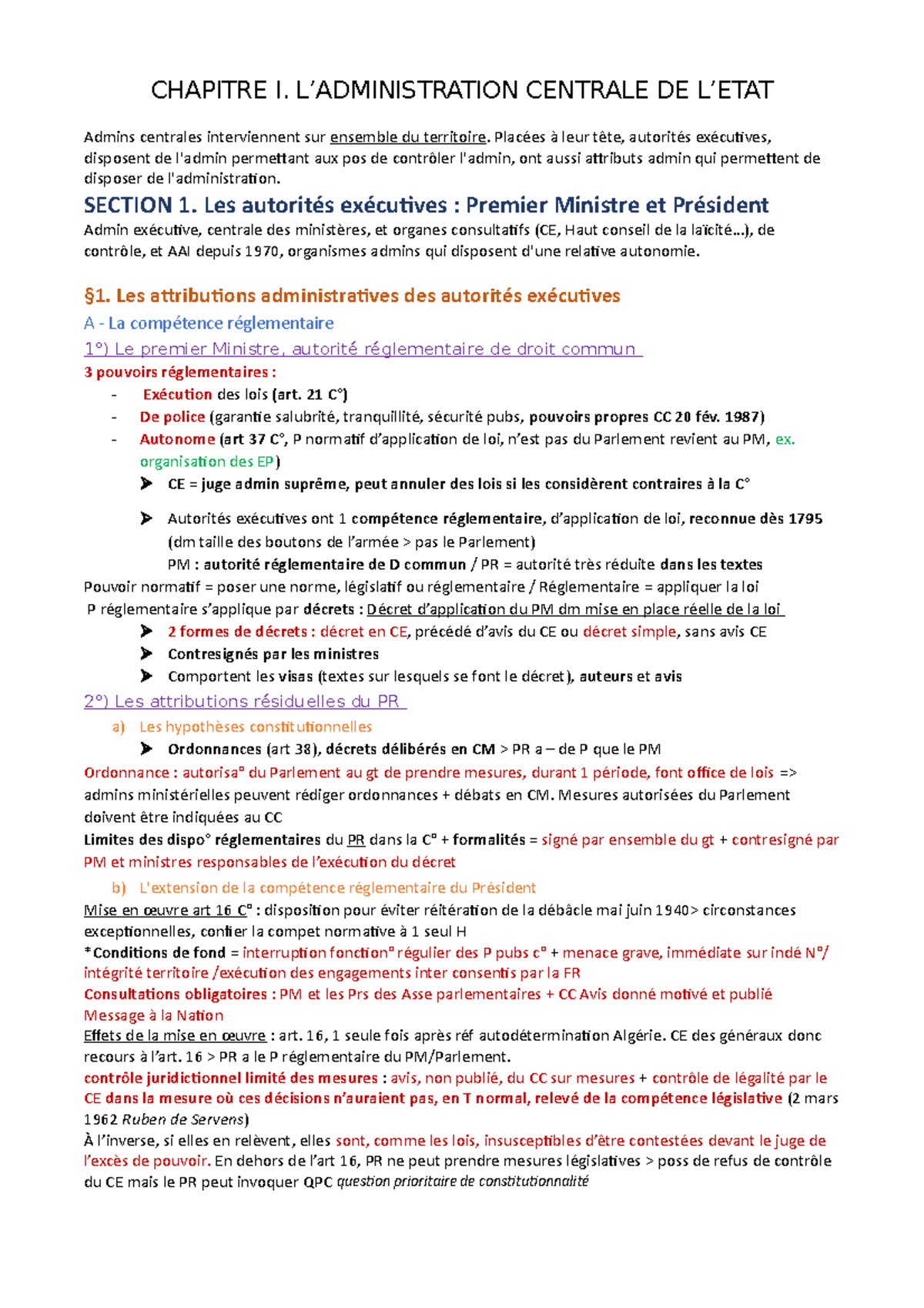 Chapitre 1 - cours - CHAPITRE I. L’ADMINISTRATION CENTRALE DE L’ETAT ...