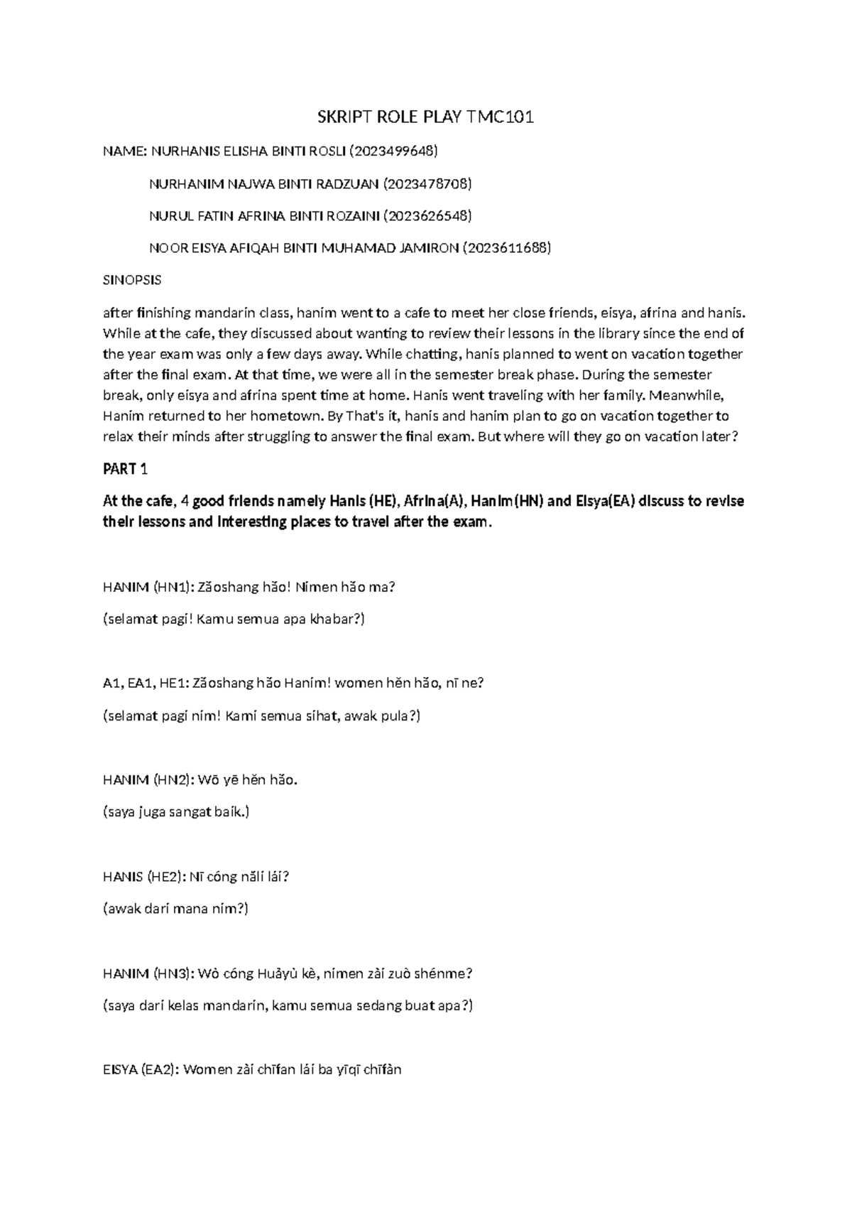 ROLE PLAY TMC101 - SKRIPT ROLE PLAY TMC NAME: NURHANIS ELISHA BINTI ...