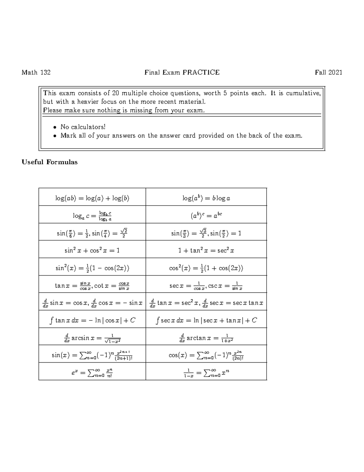 Math+132+Practice+Final - This exam consists of 20 multiple choice ...