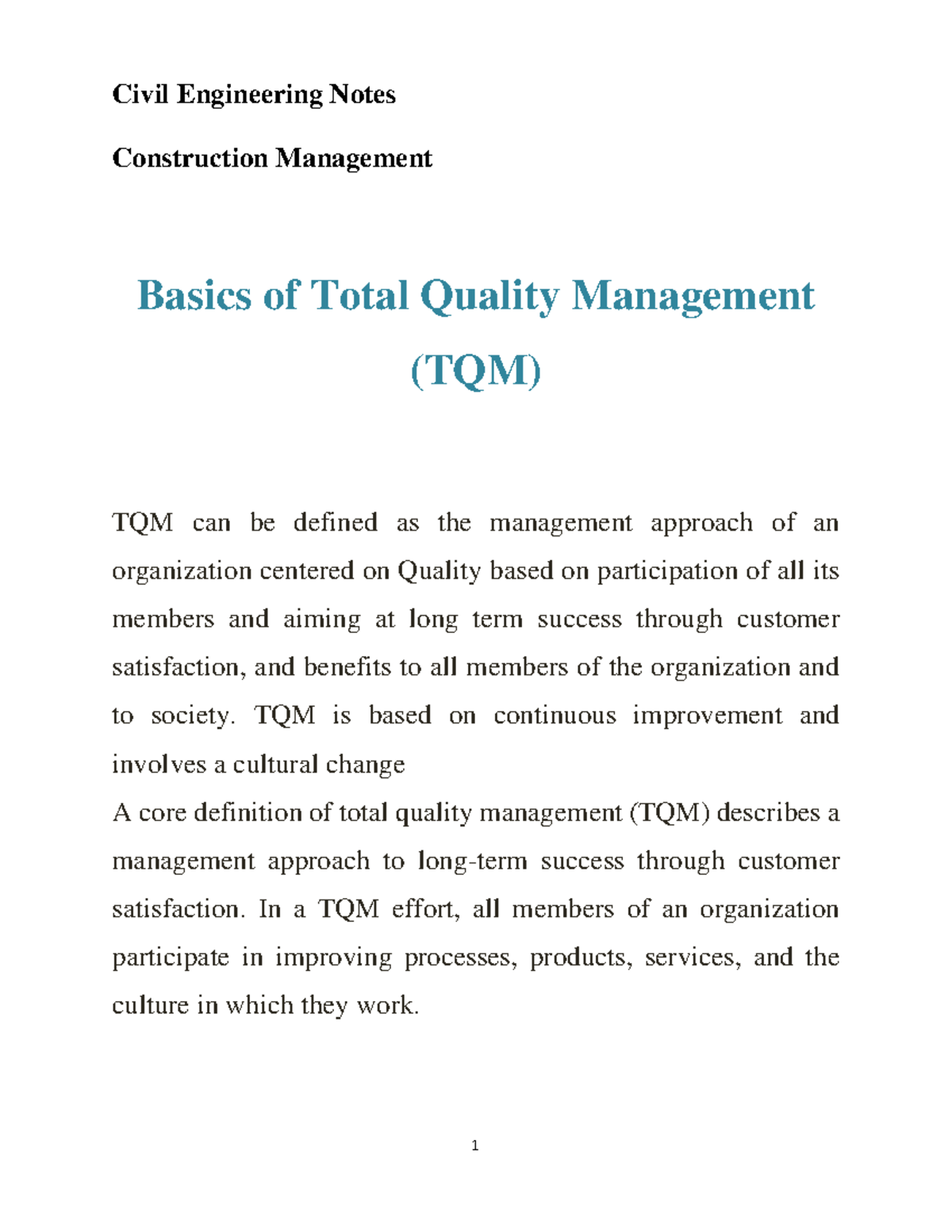 Total Quality Management - Civil Engineering Notes Construction ...