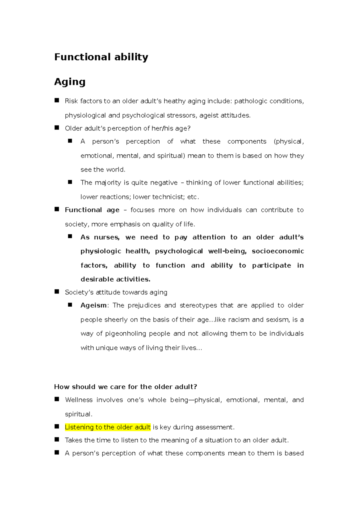 Functional ability notes - Functional ability Aging Risk factors to an ...