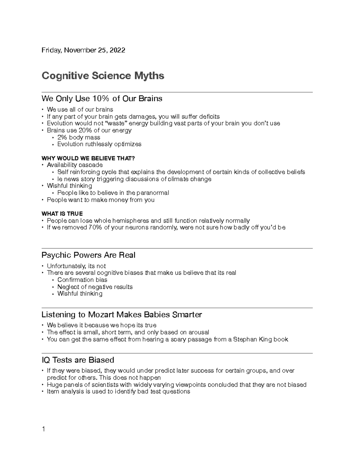 CGSC 1001- Myths - Friday, November 25, 2022 Cognitive Science Myths We Only Use 10% of Our ...
