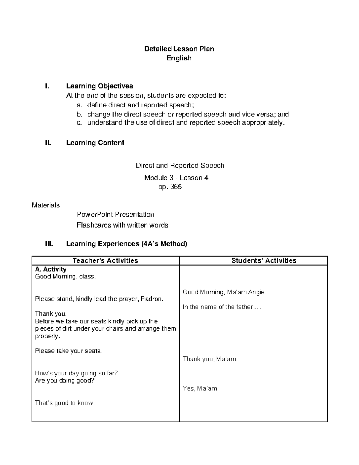 Detailed Lesson Plan English 71 - Detailed Lesson Plan English I ...