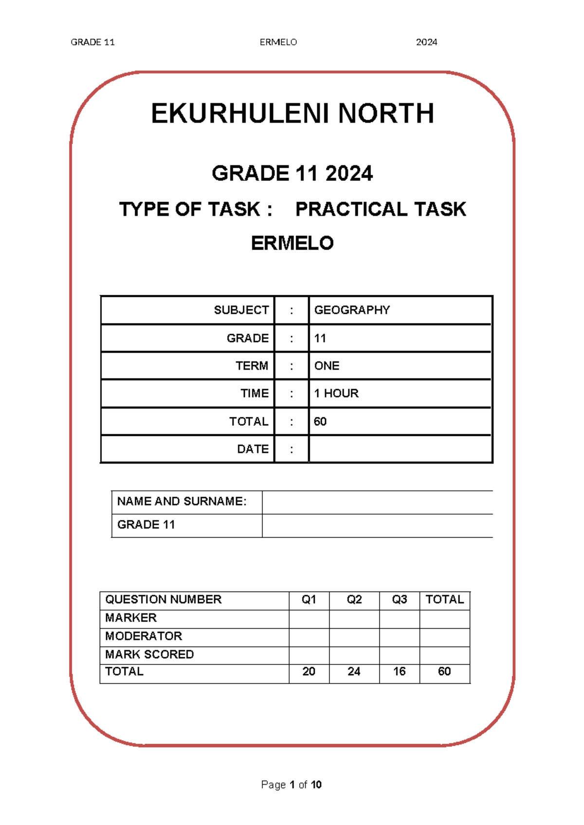 Grade 11 Practical TASK Ermelo Question Paper 2024 Final - EKURHULENI ...