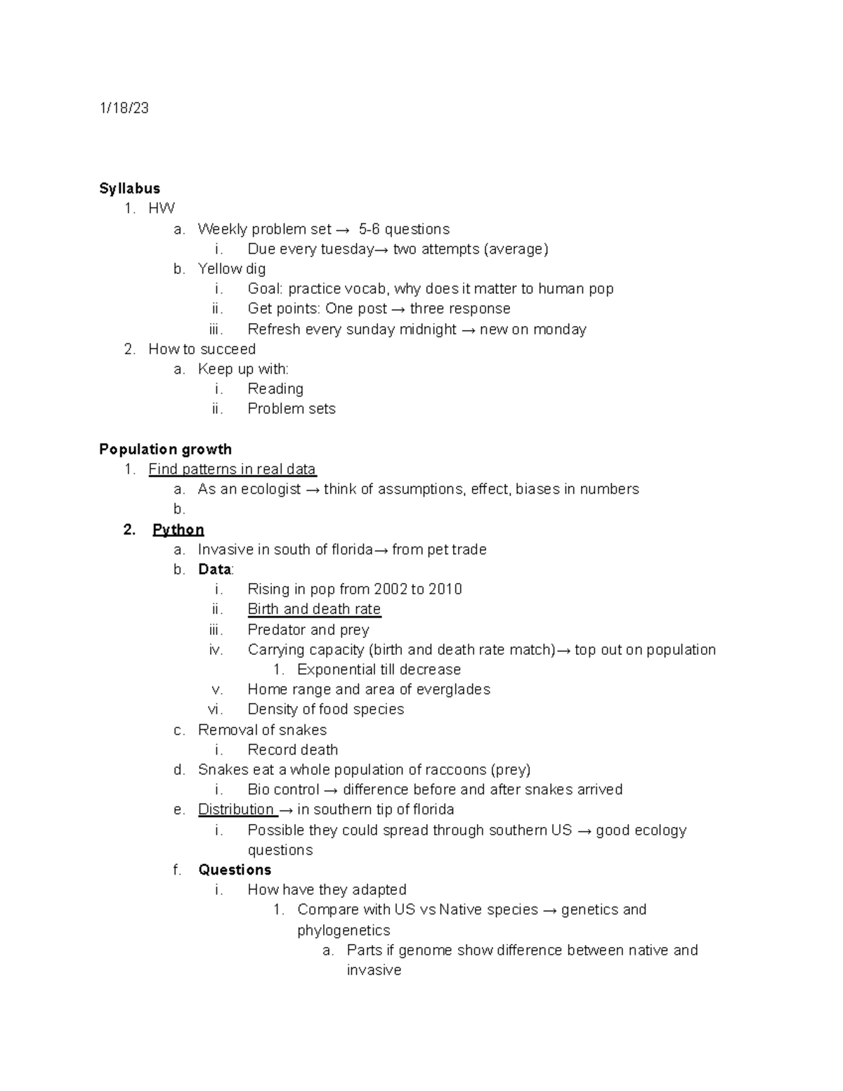 Population growth + syllabus - 1/18/ Syllabus 1. HW a. Weekly problem ...